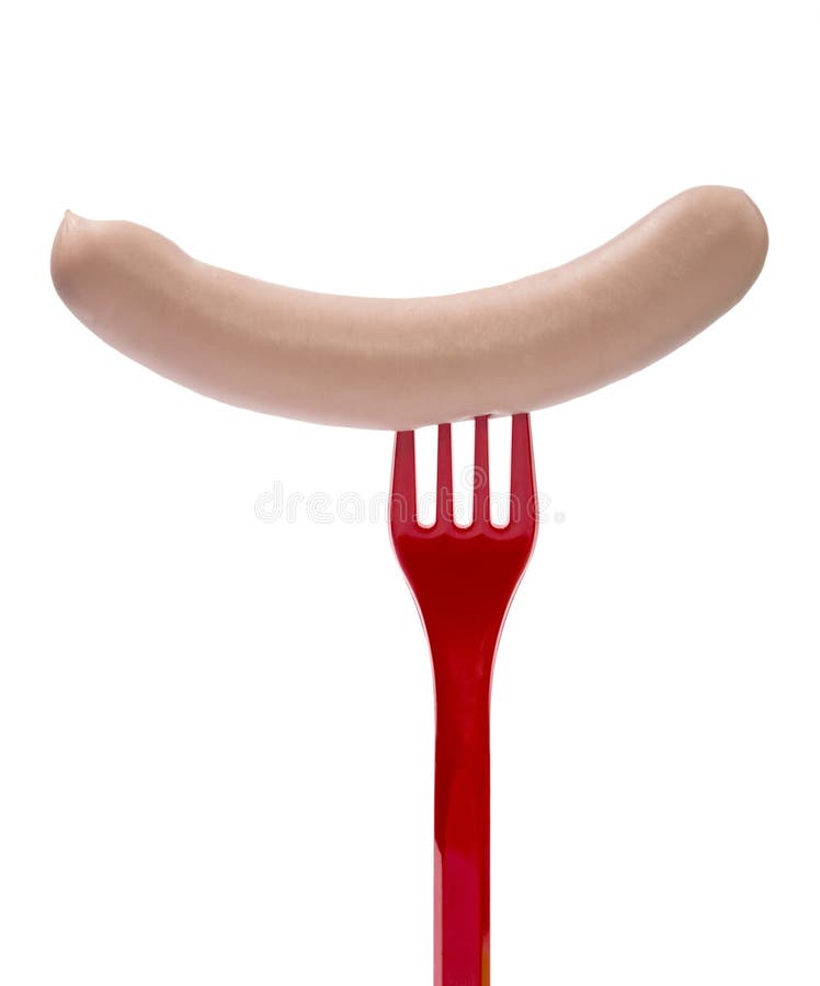 Sausage on a Red Fork on a White Stock Photo - Image of sausage, meat ...