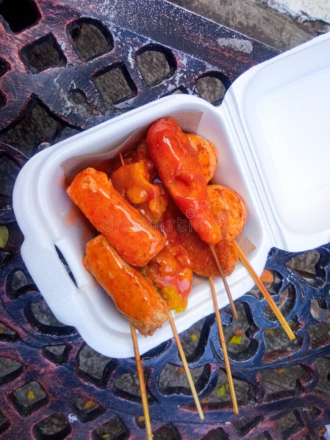 Sausage Snacks and Tempura with Sauce on Styrofoam Stock Photo - Image ...
