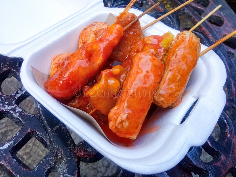 Sausage Snacks and Tempura with Sauce on Styrofoam Stock Image - Image ...