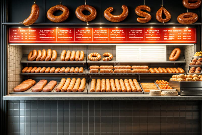 Sausage Store. an Assortment of Sausages on Display in a Store Stock ...