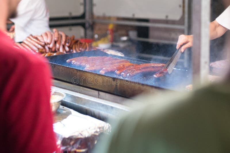 Sausages Fast Food Kiosk Preparing Meat Stock Photo - Image of ...