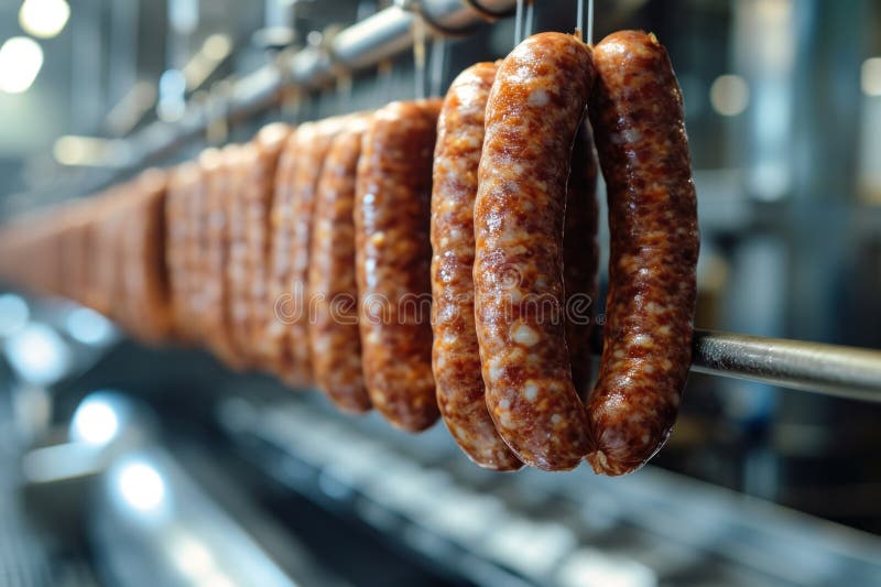 Sausages Hanging in Production Line Stock Image - Image of quality ...