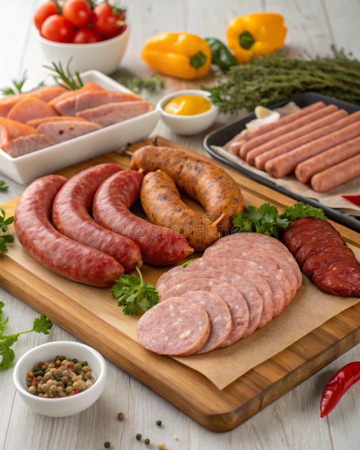 Sausages and Meats on Cutting Board and Table Stock Image - Image of ...