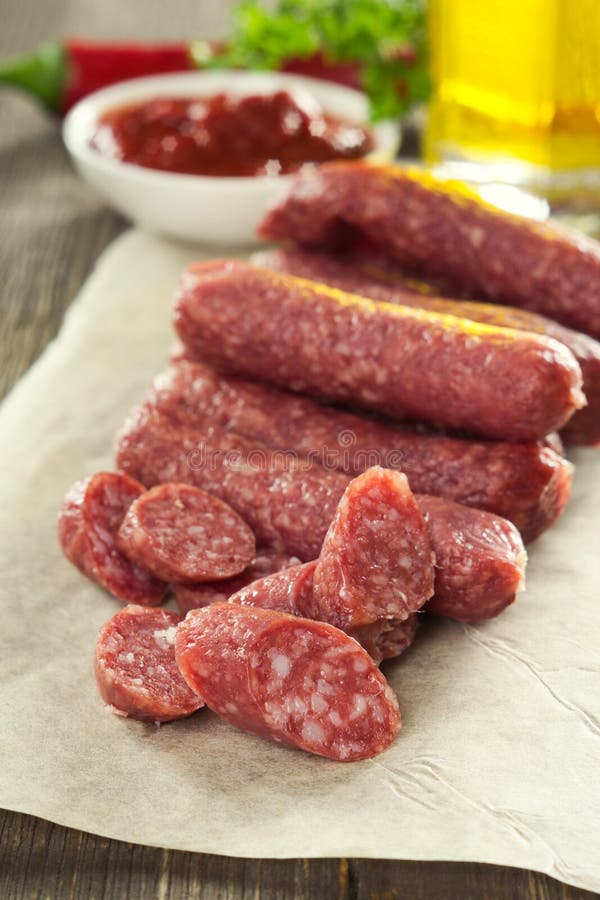 Sausages salami stock photo. Image of lurd, spice, uncooked - 69305754