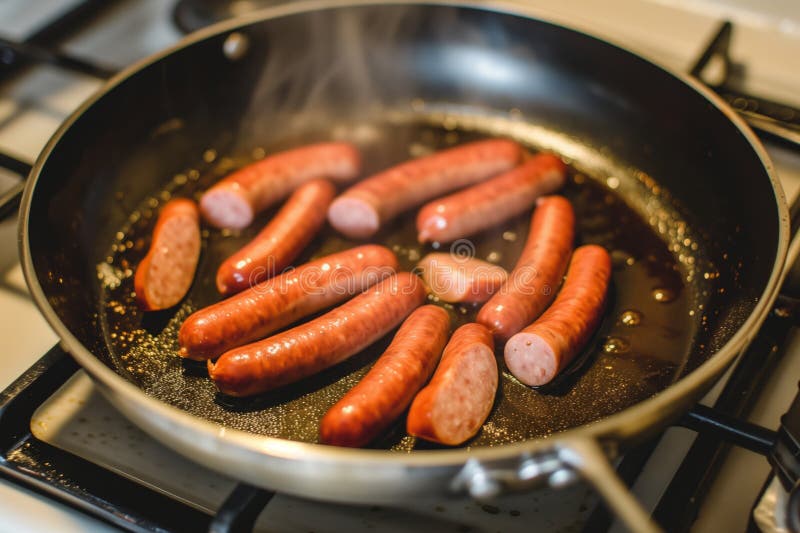 Sausages Sizzling in a Frying Pan on a Stove Stock Photo - Image of ...