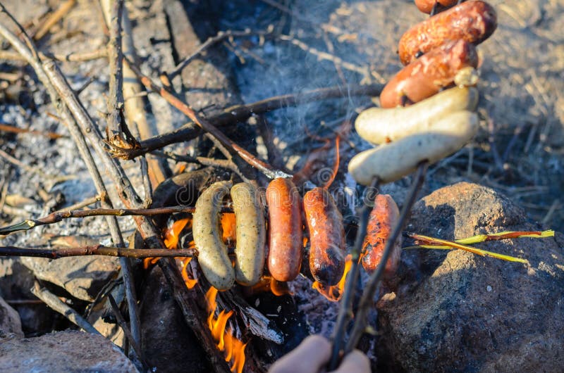 Sausages and Weiners on Stick Cooking Over Fire Stock Image - Image of ...