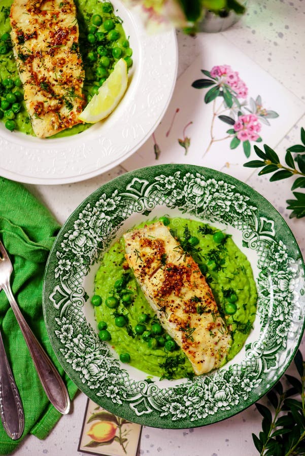 Sauteed Cod with Pea Cream..style Rustic Stock Image - Image of food ...