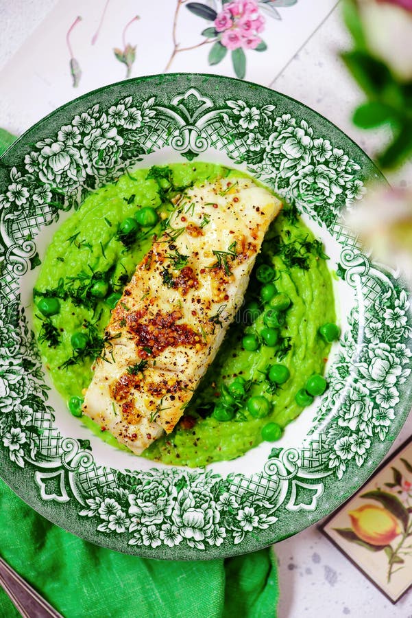 Sauteed Cod with Pea Cream..style Rustic Stock Photo - Image of cream ...