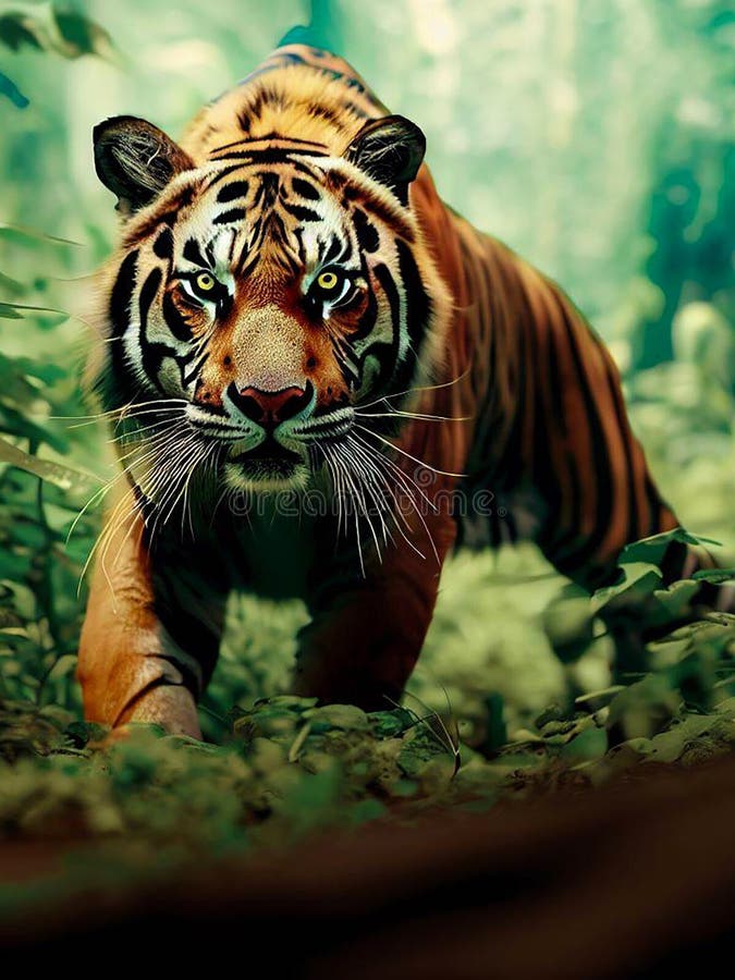 Savage Tiger Stalking and Ready To Attack in the Jungle Stock ...