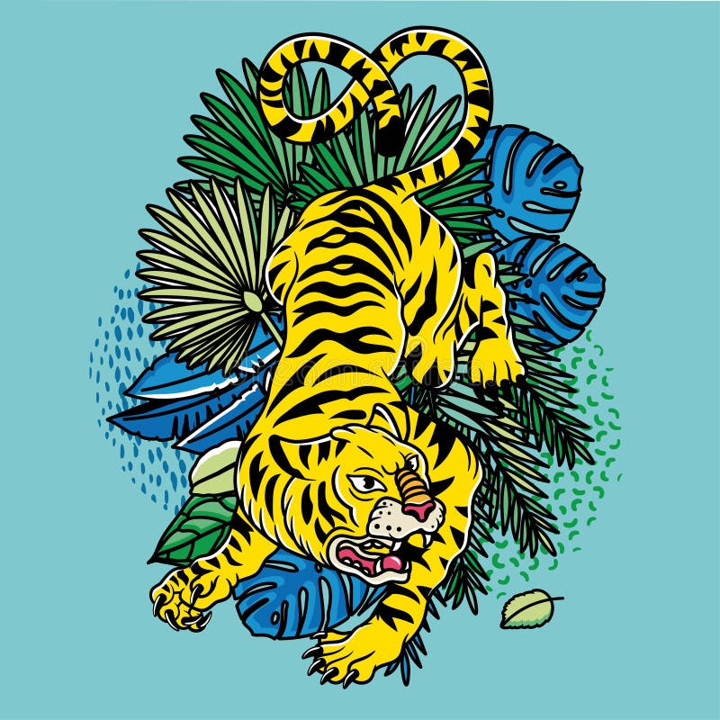 Savage Tiger. Vector Illustration of Tiger with Tropical Leaves. Stock ...