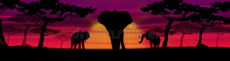 Savan Illustration with Sunset and Elephants in the Scene Stock ...