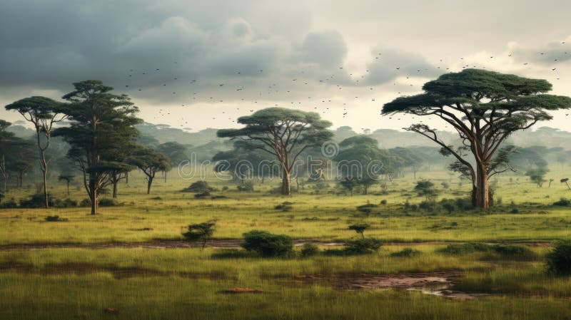 Savanna Landscape Tall Tree Trunks in Grassy Wild Land Stock ...
