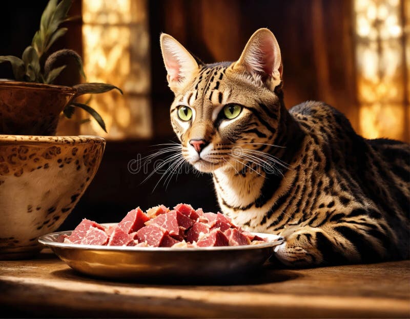 Savannah Cat Eats Pieces of Raw Meat from a Bowl. Pets Stock ...