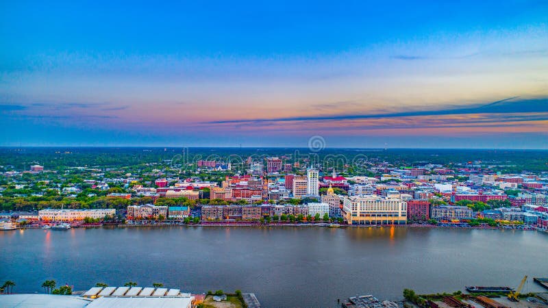 Savannah Georgia Aerial at Sunset Stock Image - Image of panorama ...