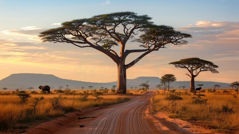 Savannah Sunset Acacia Tree, AI Generative Stock Illustration ...