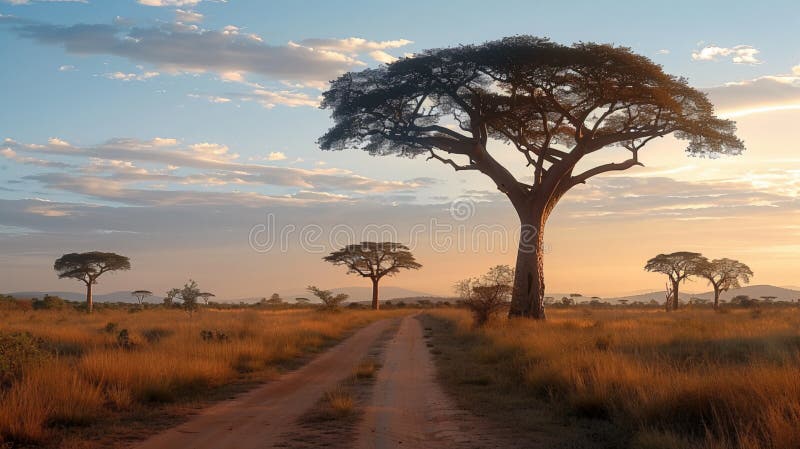 Savannah Sunset Acacia Tree, AI Generative Stock Illustration ...