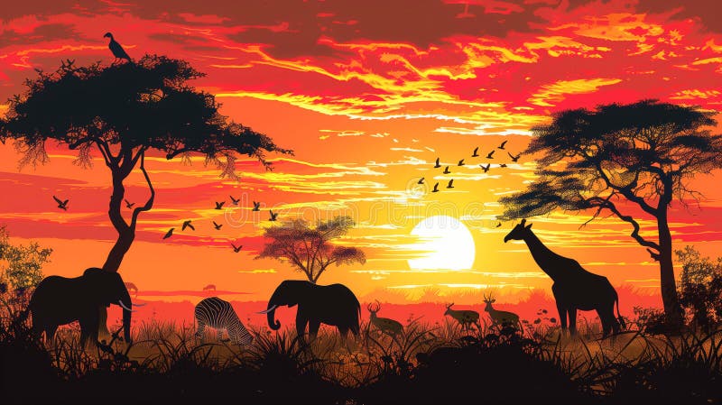 Savannah at Sunset with Animals Silhouettes Stock Illustration ...