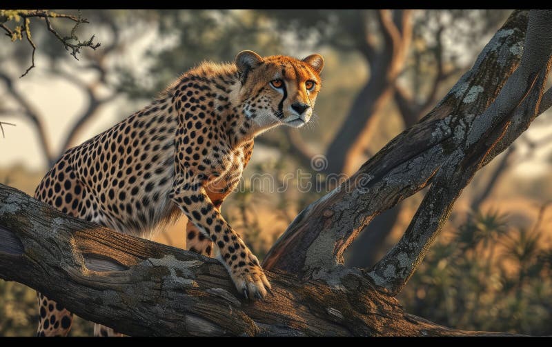 Savannah Watchtower: Cheetah on a Tree Branch. Stock Image - Image of ...