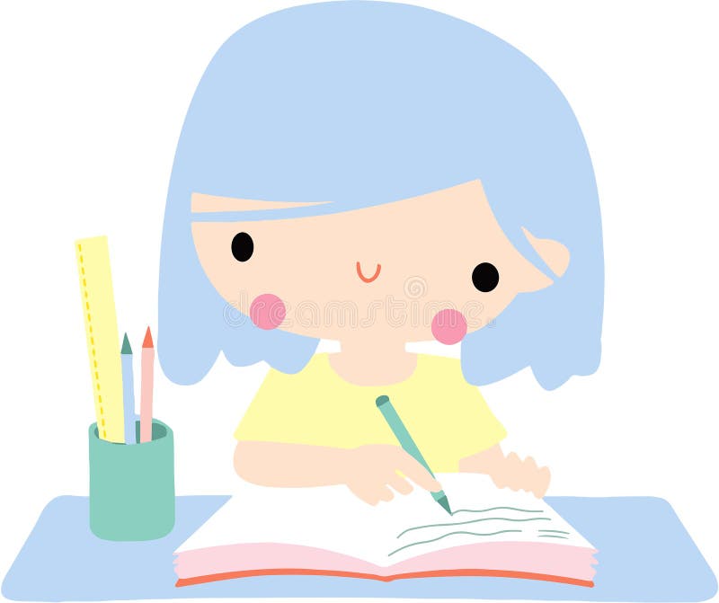 Cute Girl Writing Notes and Doing Homework with Pen and Pencil Stock ...