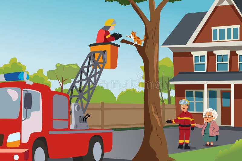 Fire Department Helping Grandma Rescue Her Cat from Tree Vector ...
