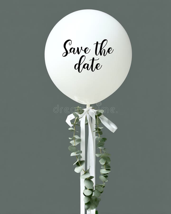 Save the Date Balloon with Eucalyptus Leaves, White Ribbon, Festive ...