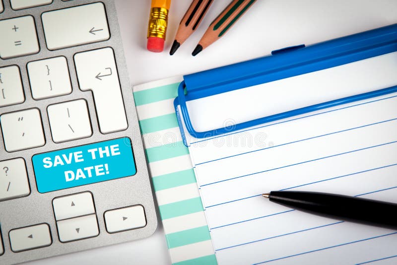 Save the Date Concept. Computer Keyboard on a White Office Desk Stock ...
