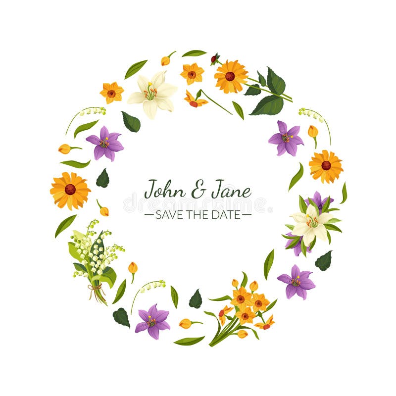 Save The Date Floral Round Frame With Beautiful Spring Or Summer ...