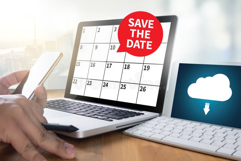 SAVE the DATE Message on Hand Holding To Touch a Phone, Top View Stock ...