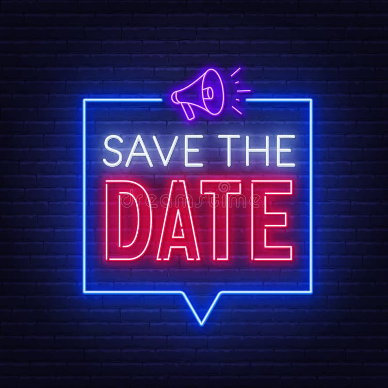 Save the Date Neon Sign on Brick Wall Background. Stock Vector ...