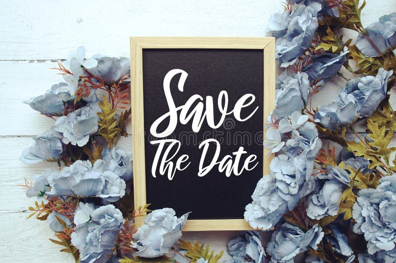 Save the Date Typography Text with Flower Decorated on Wooden ...