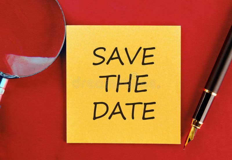SAVE the DATE Words on a Yellow Sticker on a Red Saturated Background ...