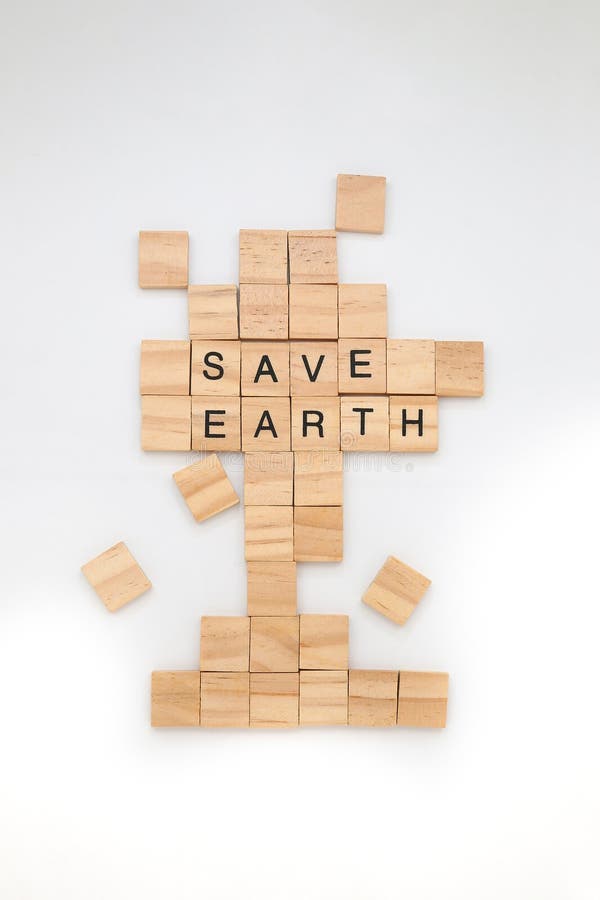Save the Earth Concept with Wooden Cube on White Background, Tree Shape ...