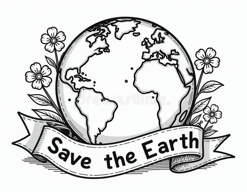 Save the Earth Hand-Drawn Globe with Flowers and Banner Stock ...