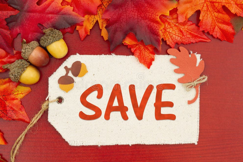 Save Message on Gift Tag with Fall Leaves Stock Photo - Image of ...