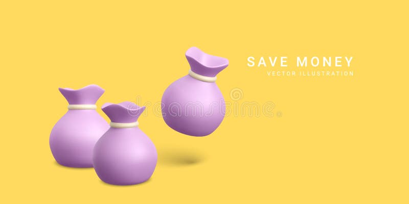 Save Money Concept. 3d Realistic Money Bags. Vector Illustration Stock ...