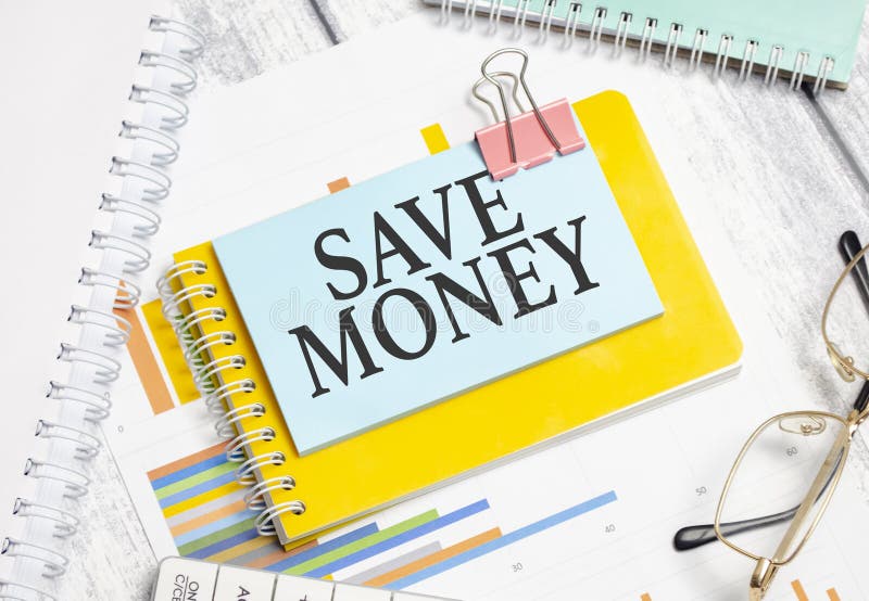 Save Money Words on Blue Sticker with Glasses Stock Photo - Image of ...