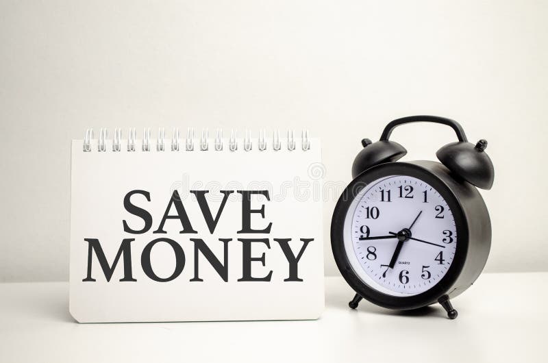 Save Money Words with Calculator and Clock with Notebook Stock Photo ...