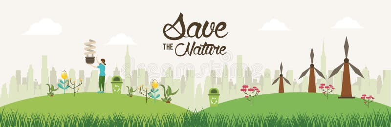Save the Nature Campaign with Woman in Landscape Scene Stock Vector ...