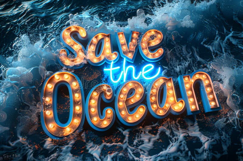 "Save the Ocean" in Illuminated Letters with Waves, Promoting Ocean ...