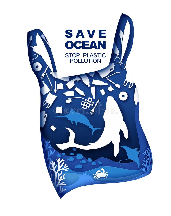 Stop Ocean Plastic Pollution, Vector Paper Cut Illustration Stock ...