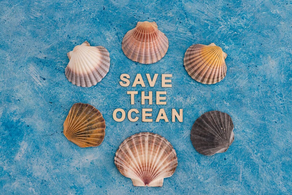Save the Ocean Text on Blue Bakground with Sea Shells, Act for Climate ...