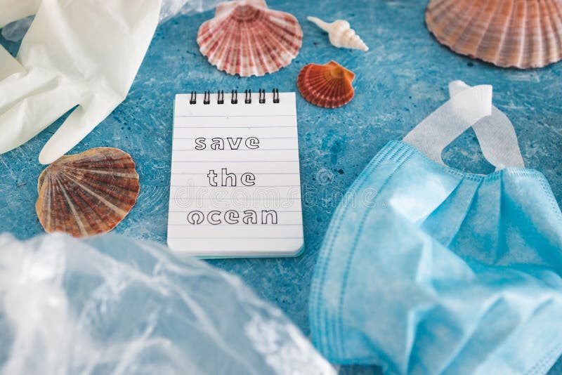 Save the Ocean Text on Blue Bakground with Sea Shells and Plastic ...