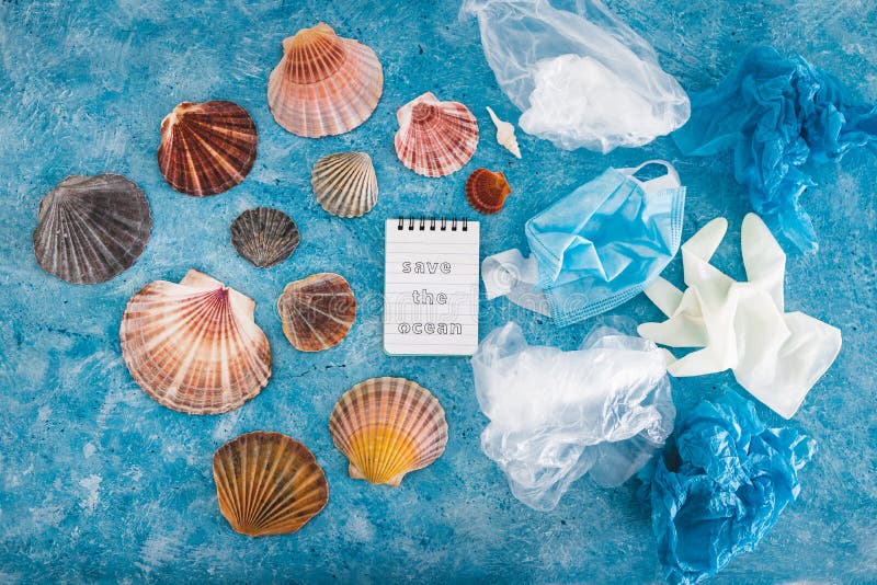 Save the Ocean Text on Blue Bakground with Sea Shells and Plastic ...