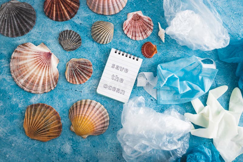 Save the Ocean Text on Blue Bakground with Sea Shells and Plastic ...