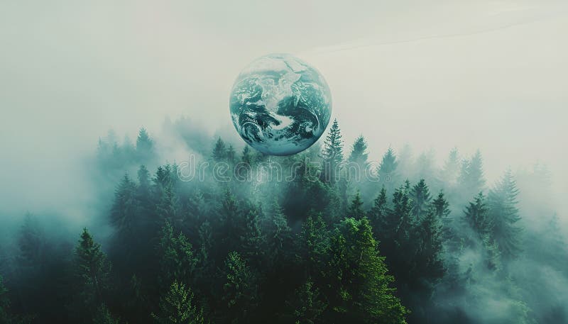 Save the Planet. Aerial View of Coniferous Forest and Planet Earth ...