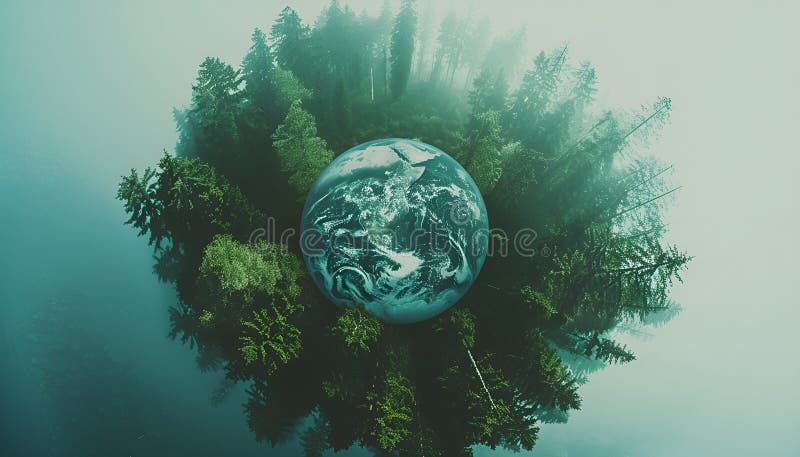 Save the Planet. Aerial View of Coniferous Forest and Planet Earth ...