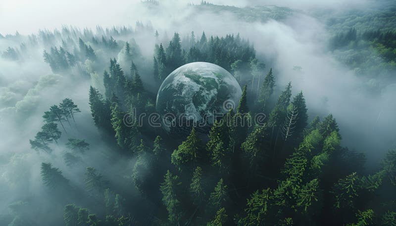 Save the Planet. Aerial View of Coniferous Forest and Planet Earth ...