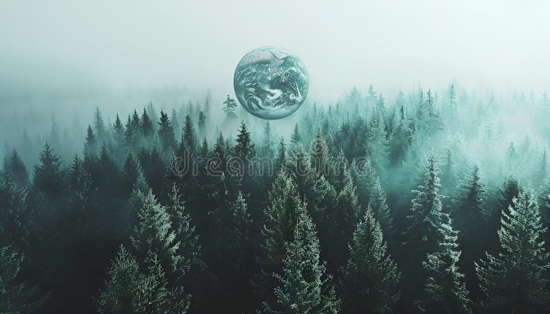 Save the Planet. Aerial View of Coniferous Forest and Planet Earth ...