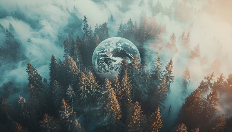 Save the Planet. Aerial View of Coniferous Forest and Planet Earth ...