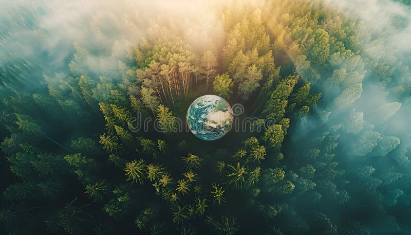 Save the Planet. Aerial View of Coniferous Forest and Planet Earth ...